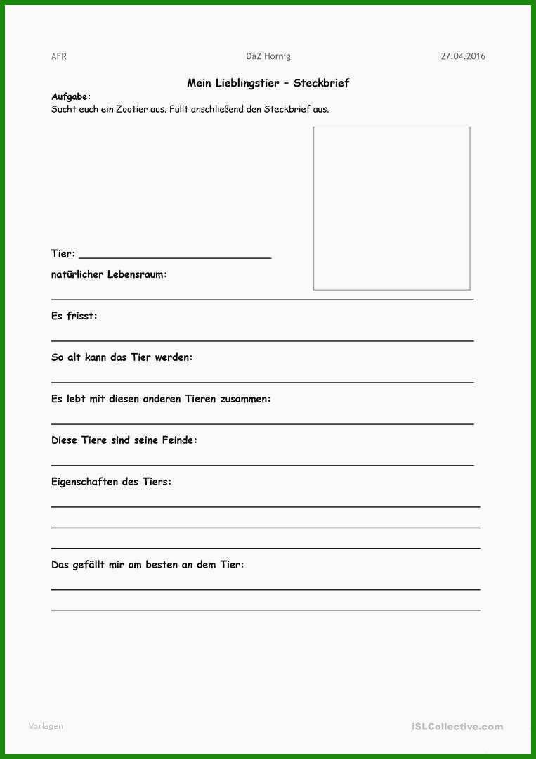 Tier Steckbrief Vorlage - Kostenlose Vorlagen Zum Download ...